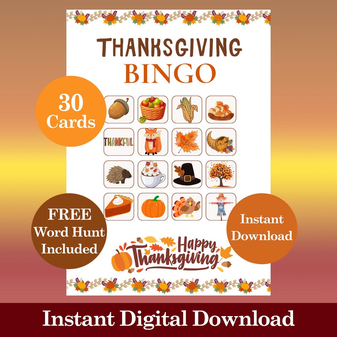 Thanksgiving Bingo Game: 30 Printable Cards + Word Hunt (digital ...