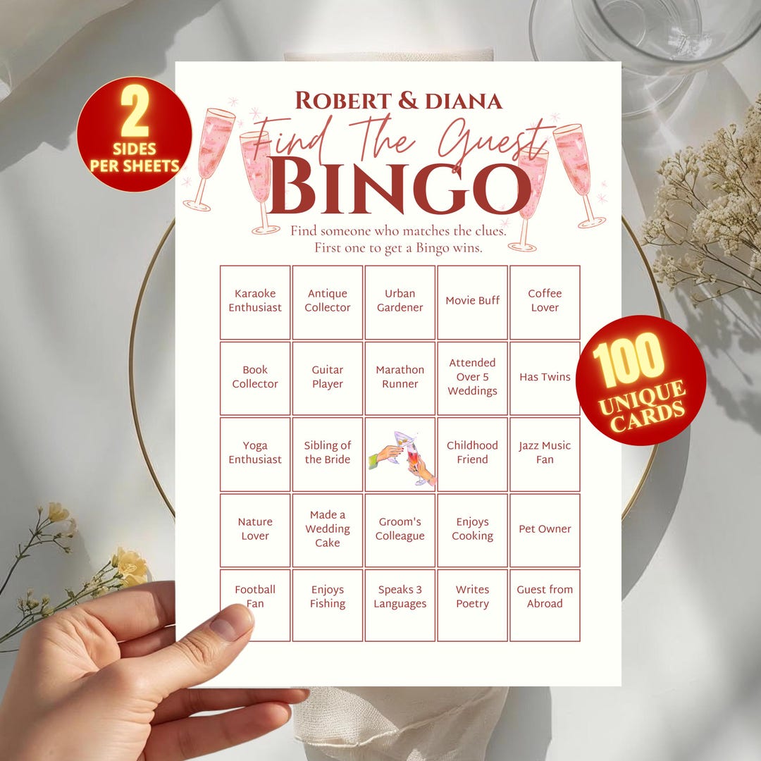Champagne Wedding Guest Bingo, Printable Find the Guest Game, Fun ...