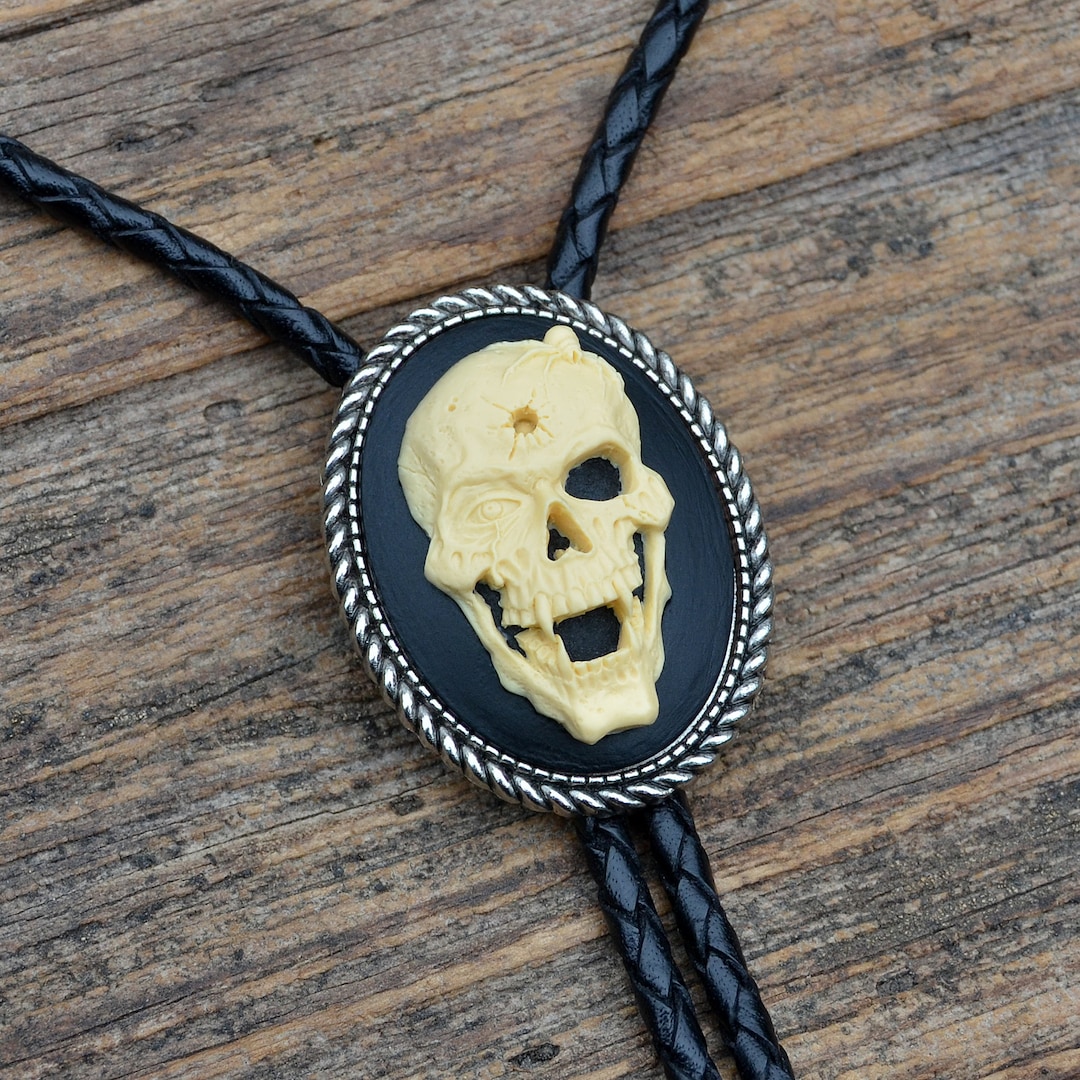 Skull With Bullet in Head Bolo Tie Oval Customizable Cord Color, Tips ...