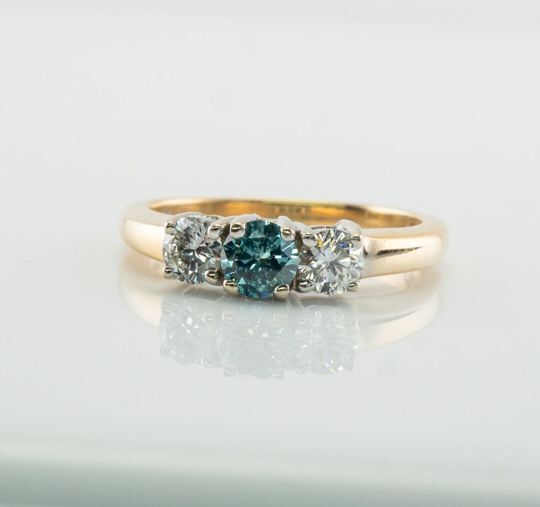 Blue White Diamond Ring Three Stone Gold Band - Etsy