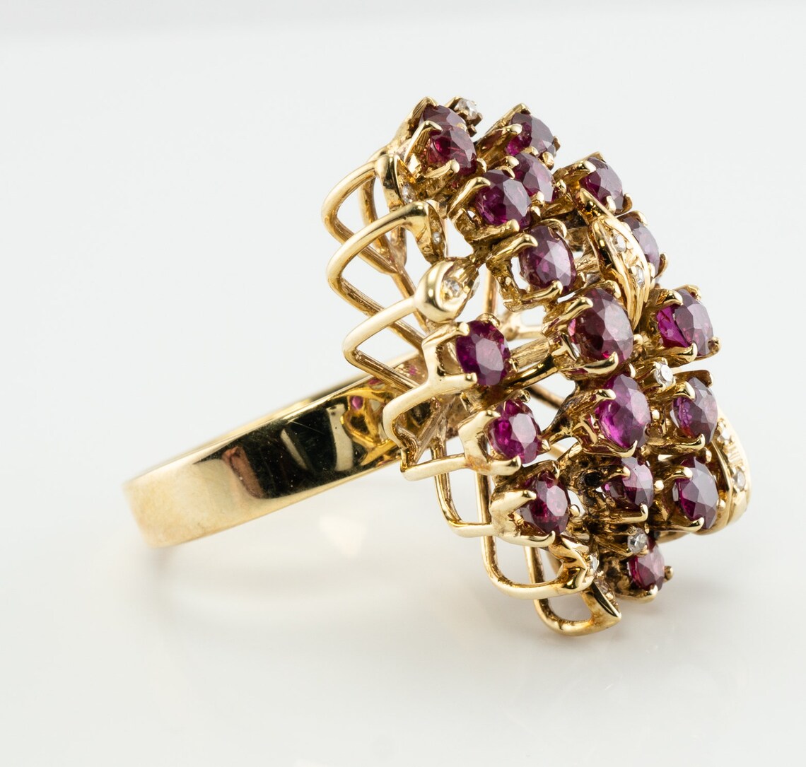 Diamond Ruby Ring Floral Flower Gold Cocktail - Etsy