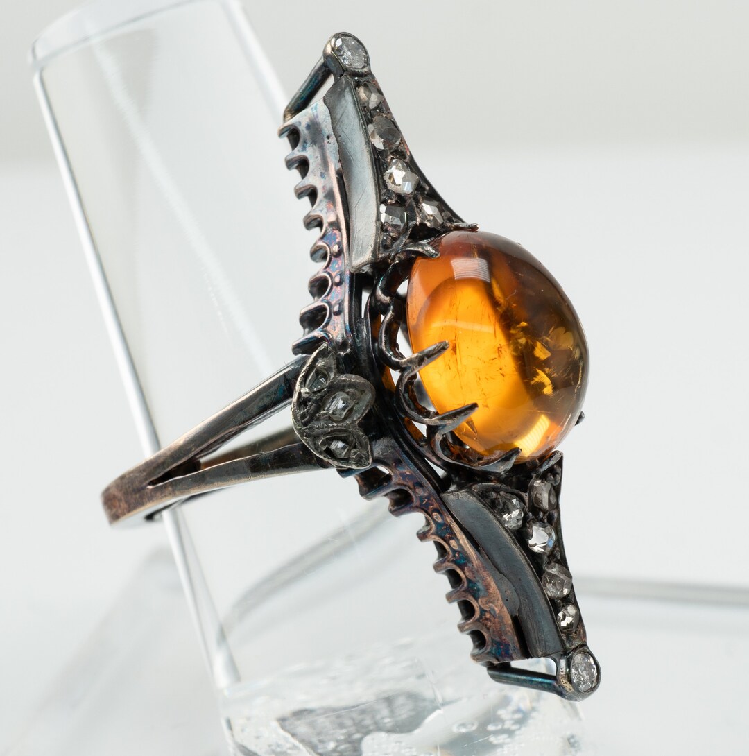 Victorian Amber Diamond Ring Antique 14K Gold Sterling Silver - Etsy