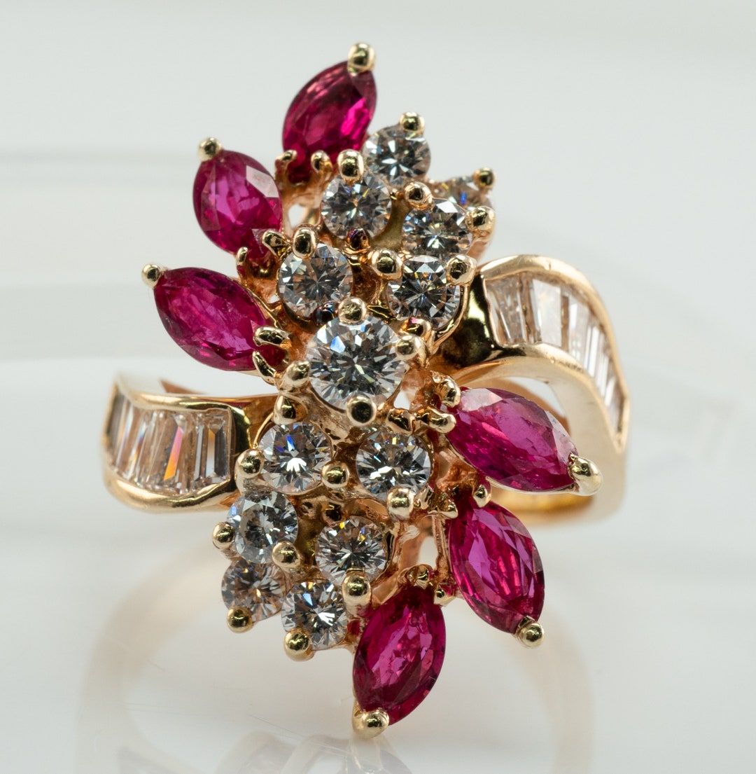 Diamond Ruby Flower Ring, Vintage 14K Yellow Gold Cocktail Floral - Etsy