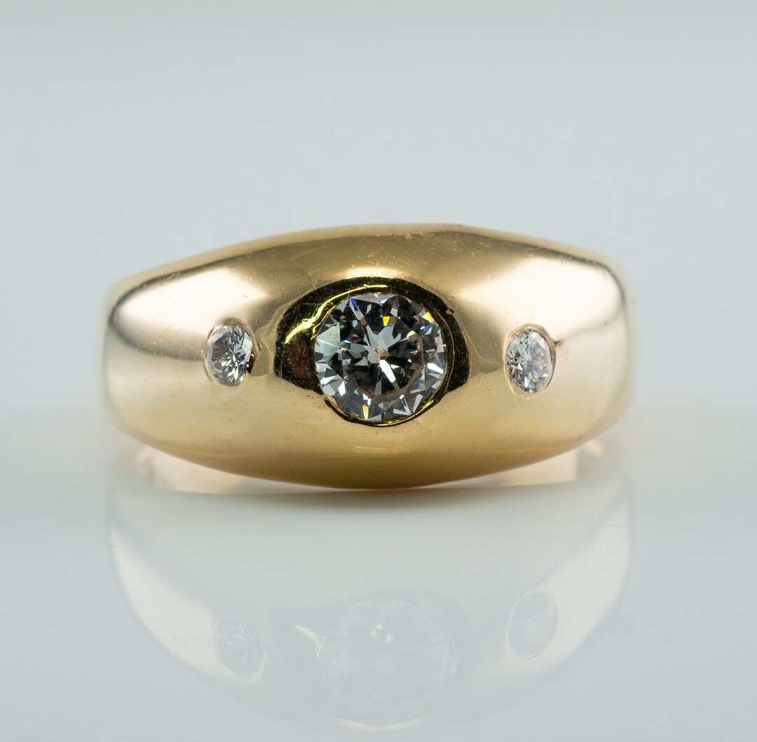Diamond Ring, Vintage Estate Three Stone, 14K Gold Band, Gypsy Setting ...