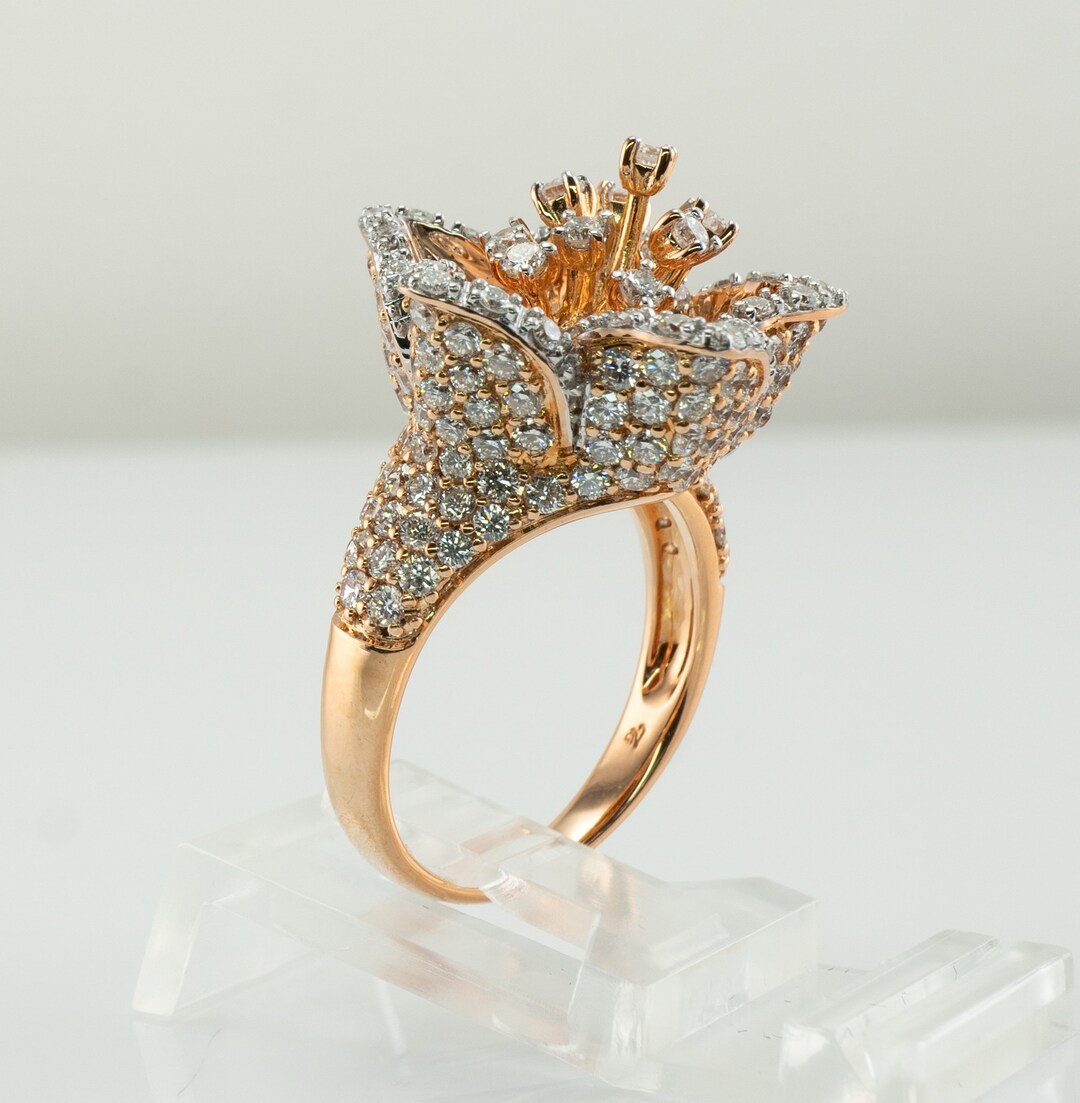 Pave Diamond Flower Ring, Vintage 18K Rose Pink Gold Floral - Etsy
