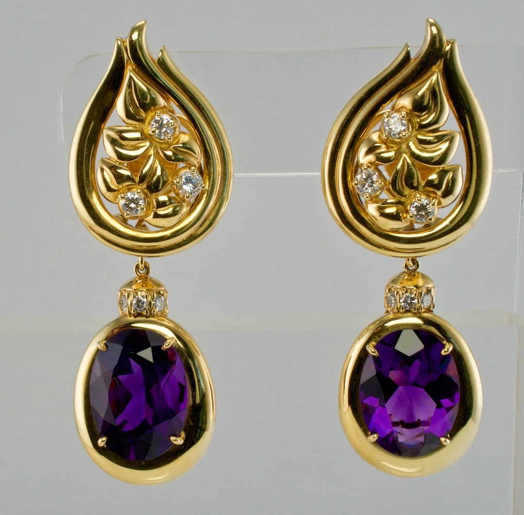 Diamond Amethyst Flower Earrings, Vintage Floral 18K Gold by Sam Lehr ...
