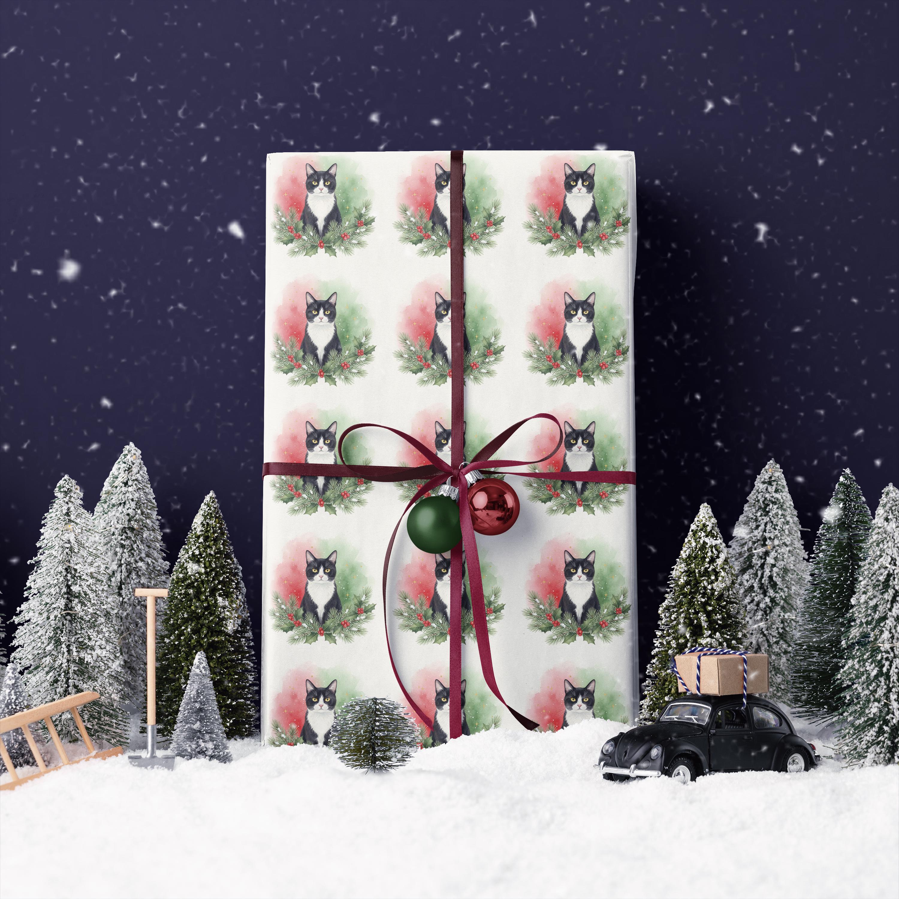 Tuxedo Cat Wrapping Paper | Christmas Cat With Holly Wreath - Etsy