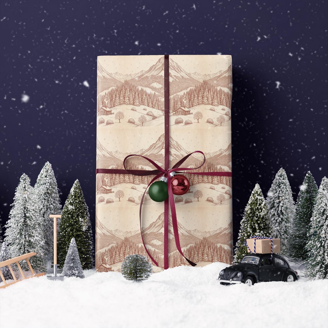Vintage Christmas Wrapping Paper | Mountain Landscape | Brown Winter ...