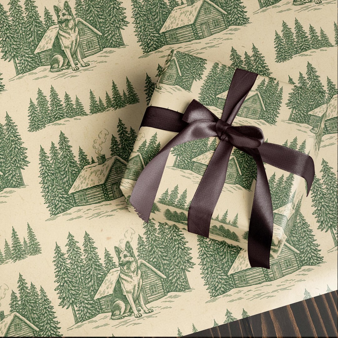 German Shepherd Wrapping Paper | Vintage Cabin Winter Dog Wrap - Etsy
