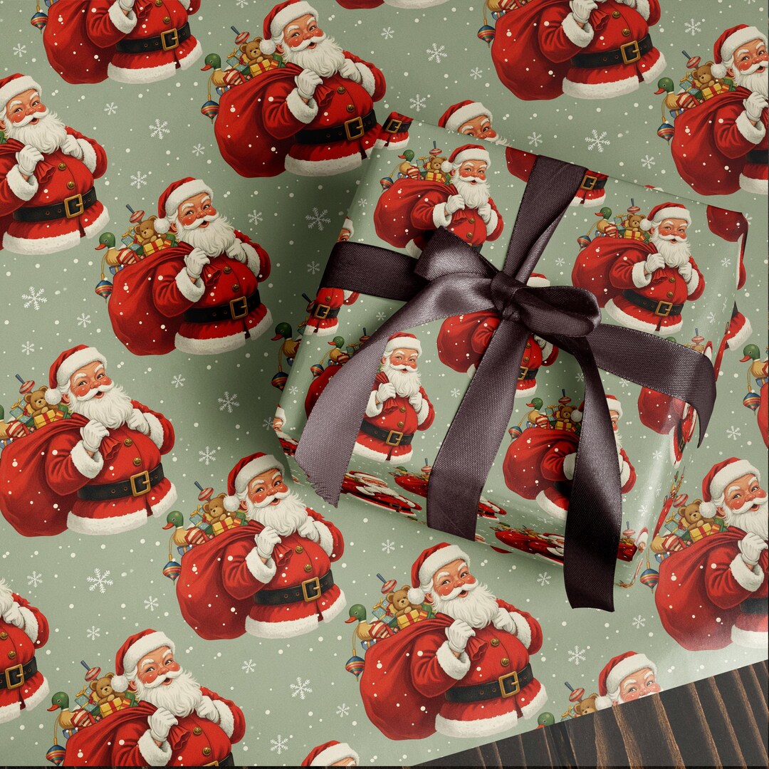 Vintage Christmas Santa Wrapping Paper | Retro Holiday Gift Wrap ...