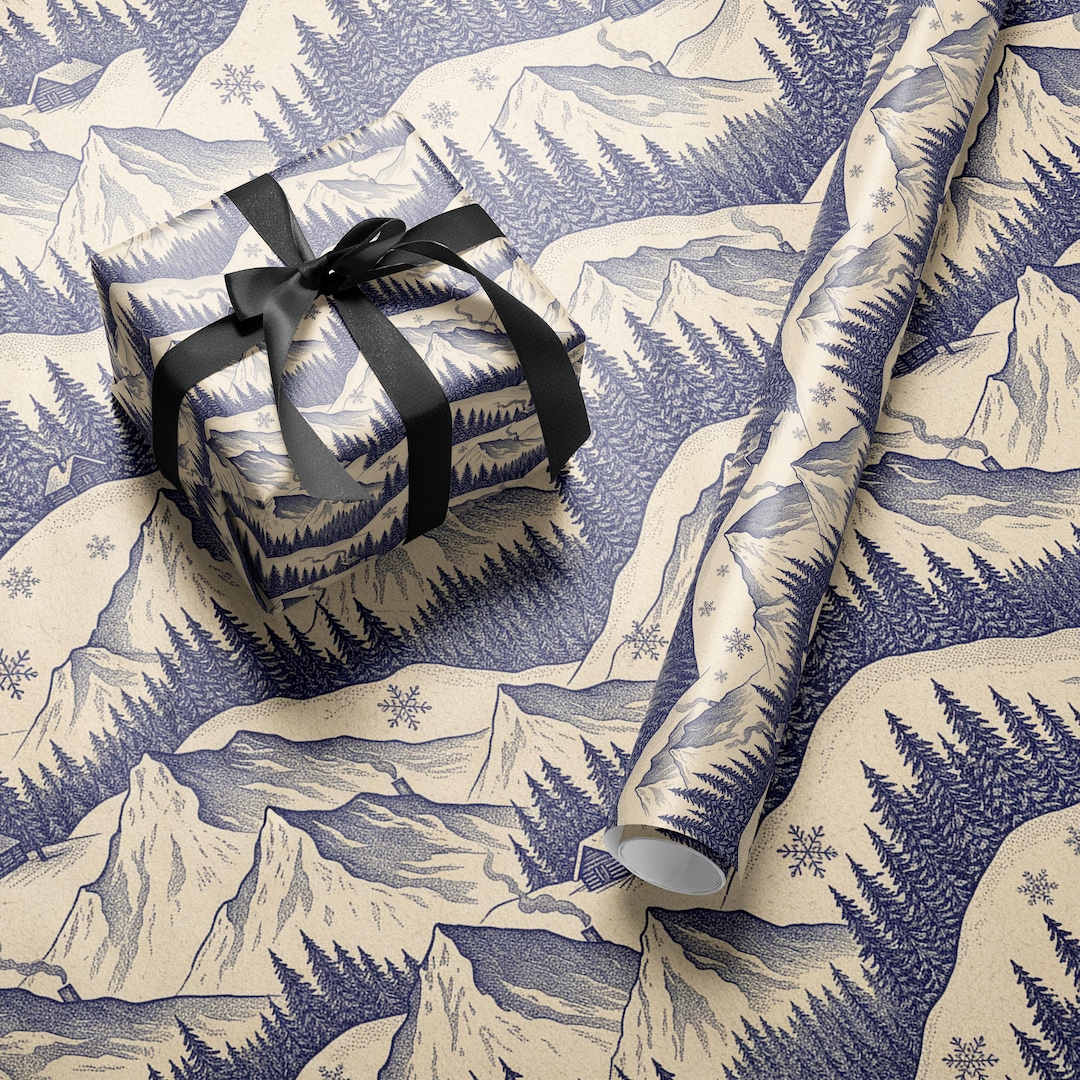 Vintage Christmas Wrapping Paper | Snowy Mountains & Cabin Trails ...