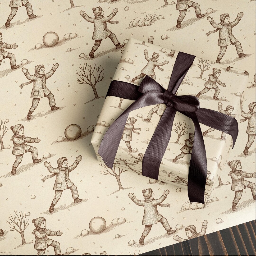 Vintage Christmas Wrapping Paper | Children Snowball Fight | Brown ...