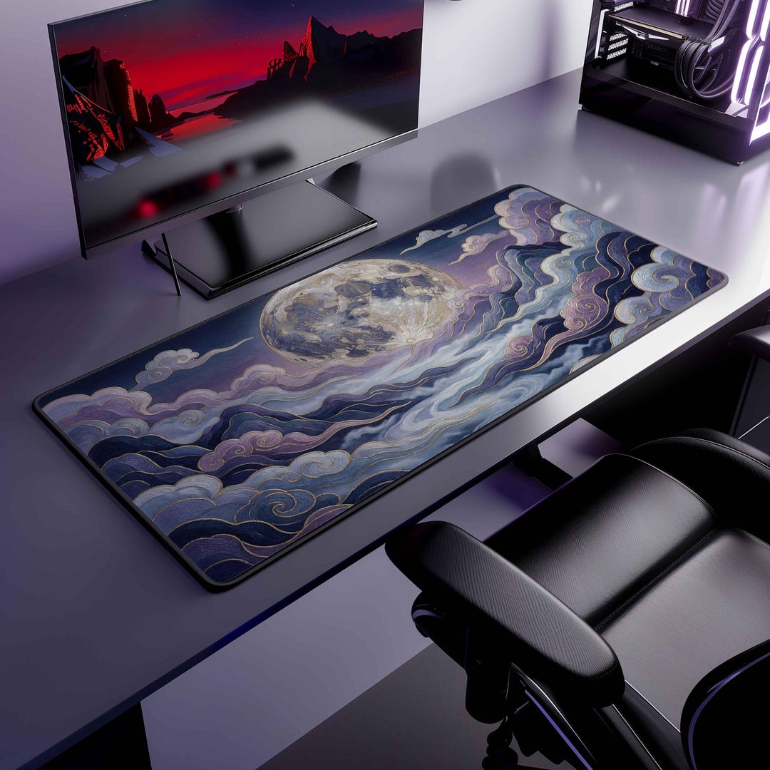 Full Moon River Desk Mat XL XXL Mousepad | Night Landscape Desk Pad ...