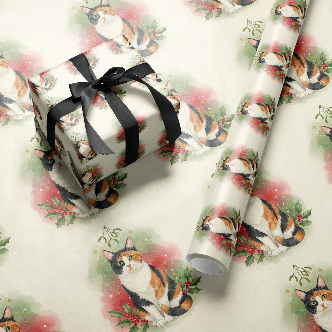 Calico Cat Wrapping Paper | Christmas Cat With Mistletoe - Etsy
