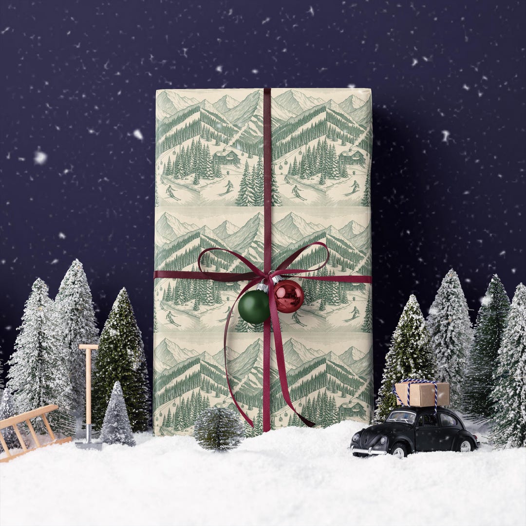 Vintage Ski Wrapping Paper | Alpine Mountain Scene | Green Winter ...