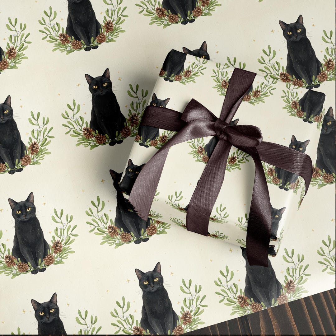 Black Cat With Mistletoe Wrapping Paper | Classic Christmas Gift Wrap ...