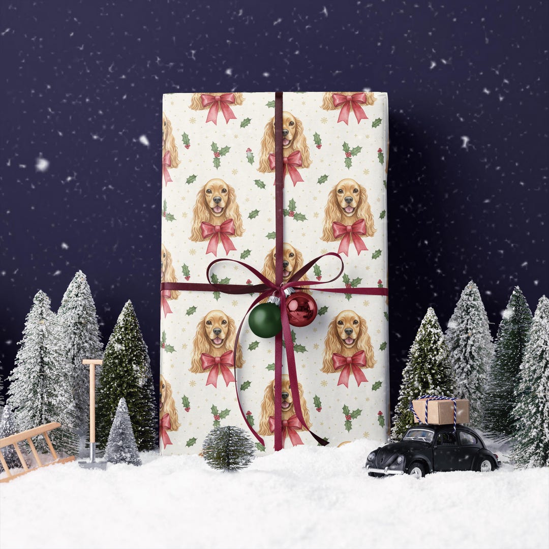 Cocker Spaniel Wrapping Paper | Red Bow and Holly Design - Etsy