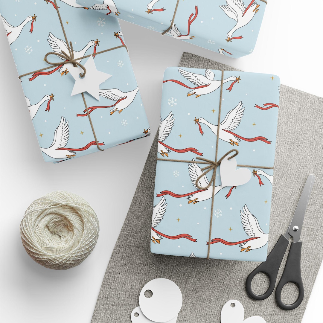 Christmas Goose Wrapping Paper | Flying Goose With Red Ribbon - Etsy
