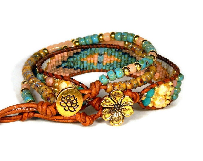 Bead Loom Bracelet Set Leather Wrap Bracelet Turquoise Peach Arabesque ...