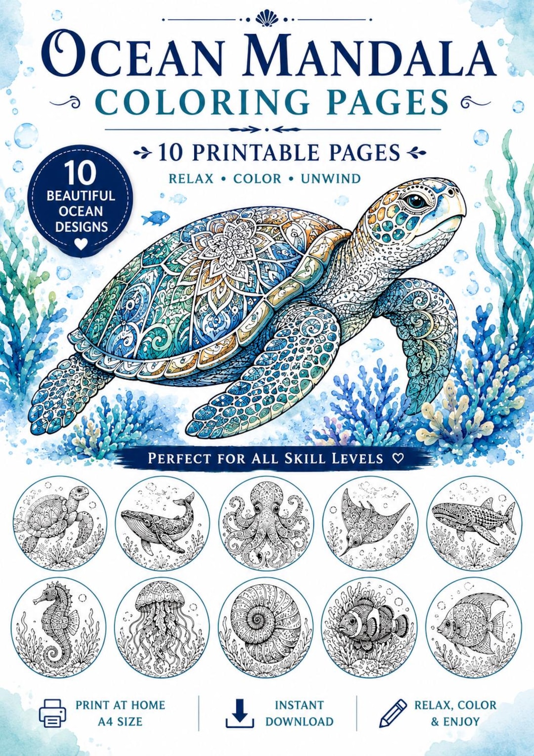 Ocean Mandala Coloring Pages for Adults | Printable Sea Life Coloring ...