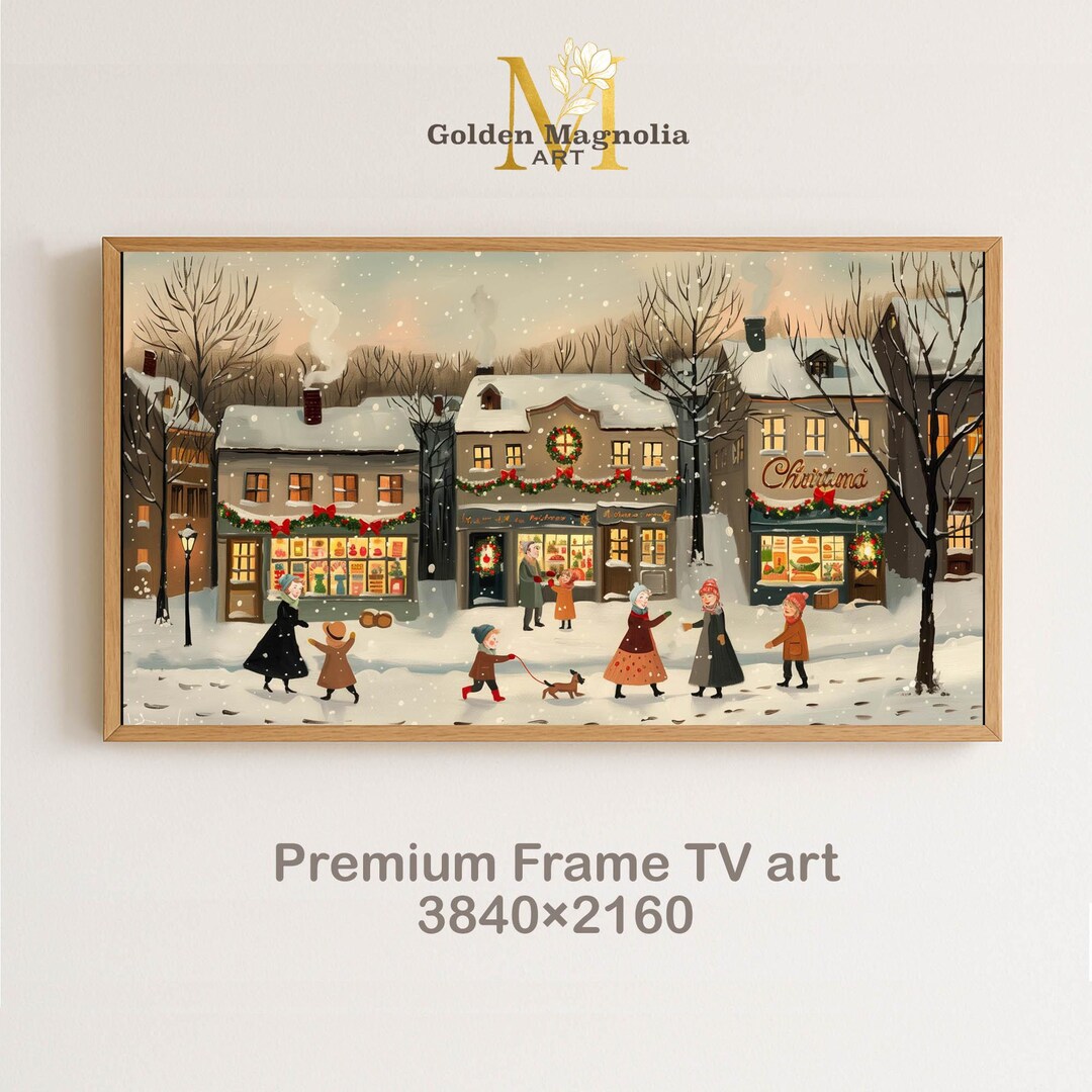 Snowy Village Frame TV Art, Christmas Town TV Art, Winter Village Scene ...