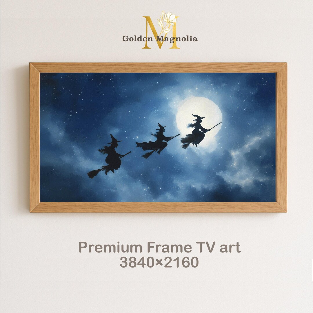 Witch Frame TV Art, Witches on Broom Frame Tv Art, Full Moon Painting ...