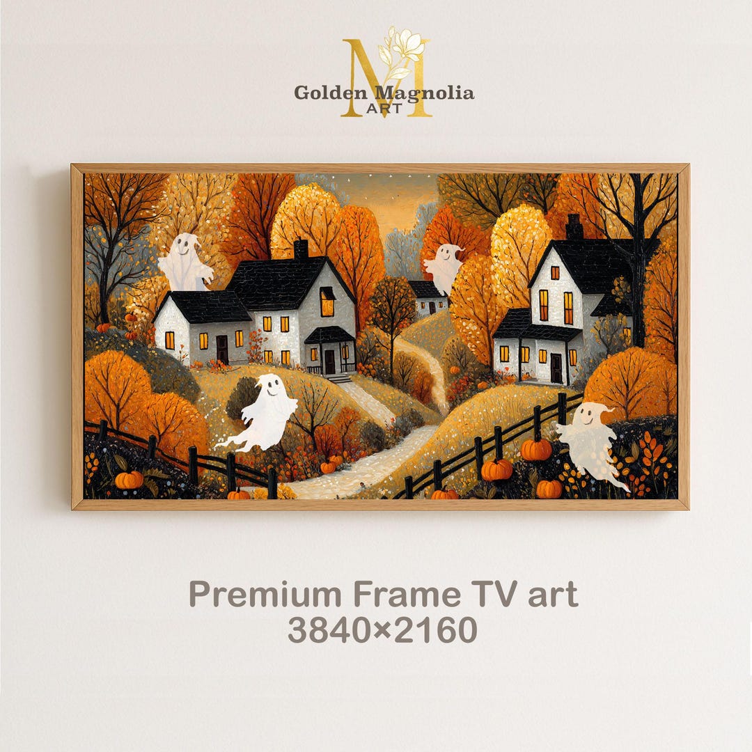 Spooky Village With Ghosts Peeping Out Frame Tv Art, Cozy Fall Decor ...