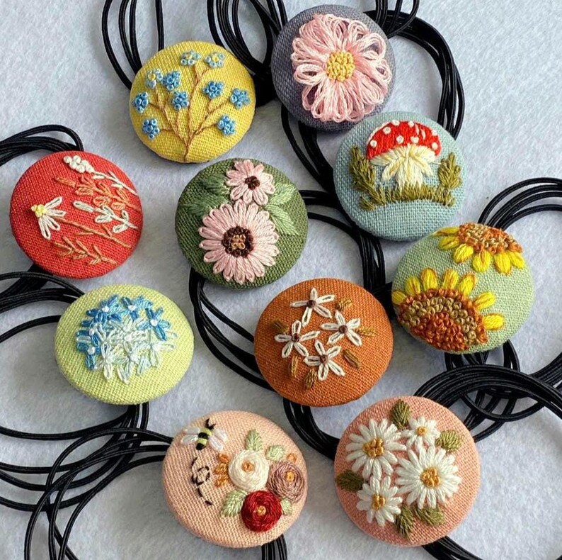 Hand Embroidered Floral Hair Tie Linen Button Handmade Hair Elastic - Etsy