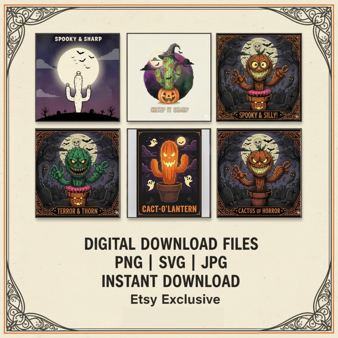 Spooky Halloween Cactus Clipart Bundle: Retro Horror Designs (PNG, SVG ...