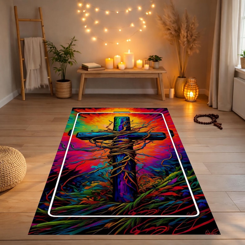 Christian Cross Prayer Rug, Washable Digital Print Meditation Mat - Etsy