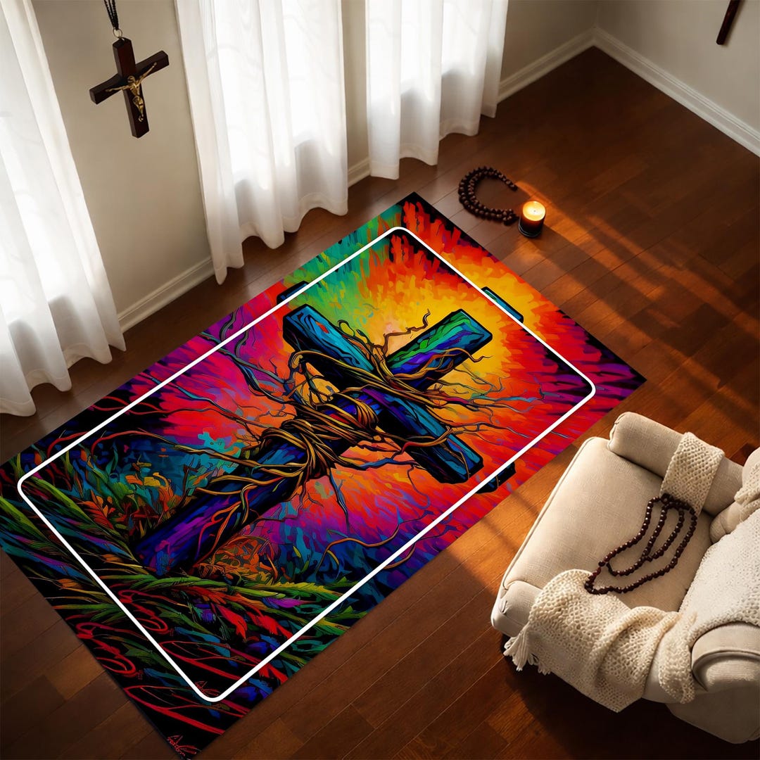 Christian Cross Prayer Rug, Washable Digital Print Meditation Mat - Etsy