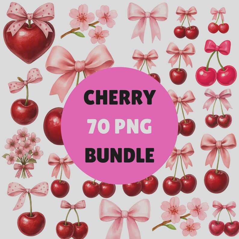 Cherry PNG Bundle | 70 Cute Cherry Clipart With Pink Bows | Aesthetic ...