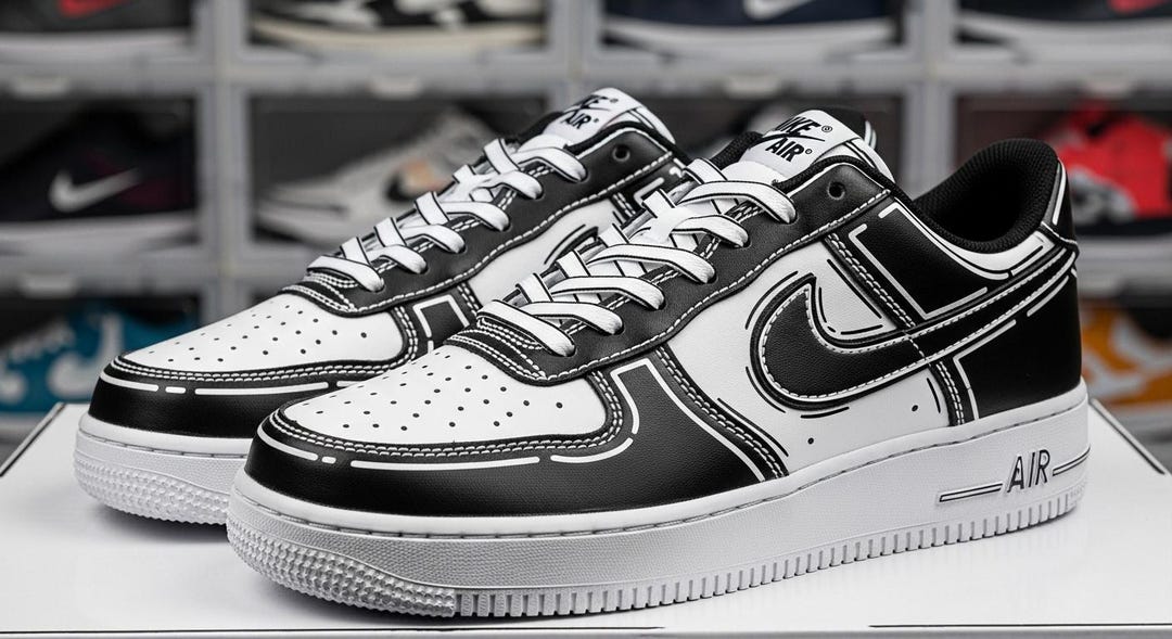 Black Paint Custom Air Force 1 | Hand-painted Line Art Sneakers L ...