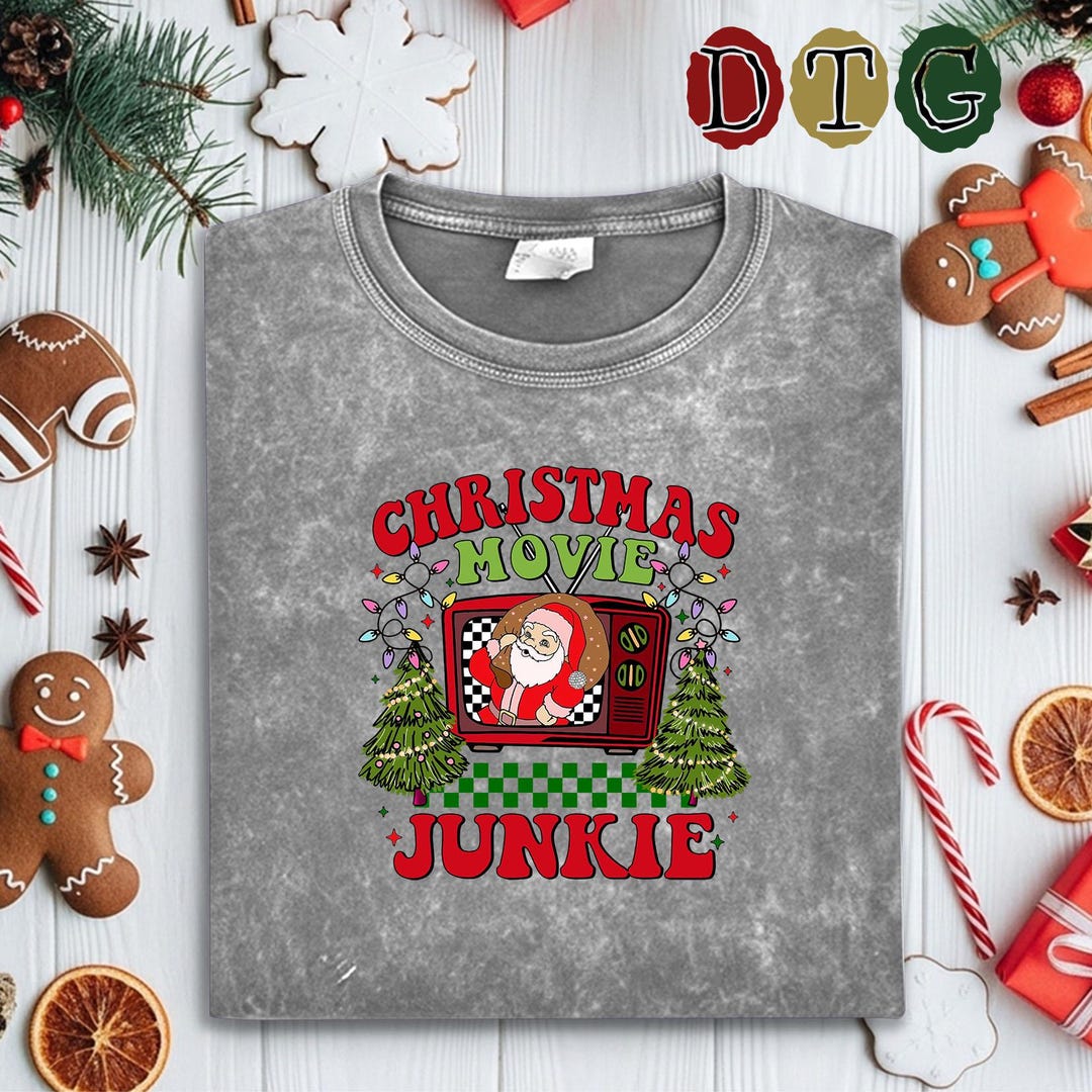 Holiday Santa Claus Christmas Movie Junkie Unisex Mineral Wash T-shirt ...