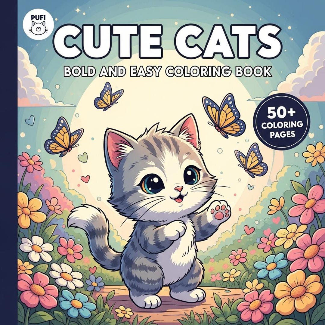 50 Cute Cat Coloring Book, Fun Coloring Pages, Bold and Easy, Funny ...