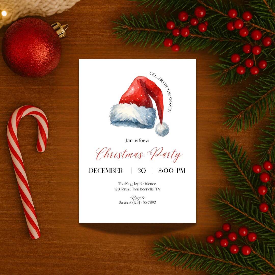 Editable Santa Hat Christmas Party Invitation Set (canva Printable) - Etsy