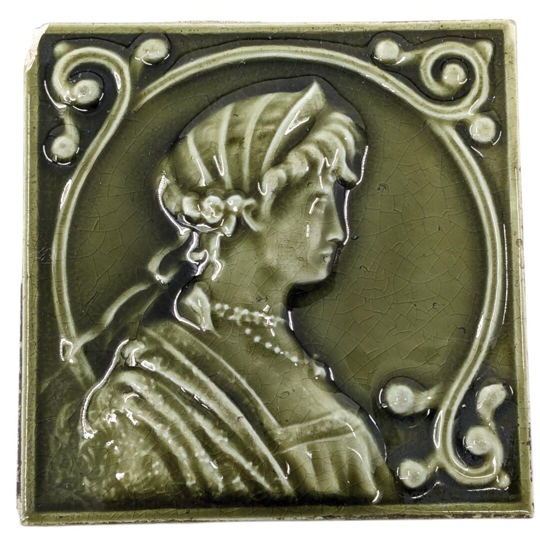 Antique 1890's HAMILTON TILE WORKS Art Nouveau Woman in Bonnet Art ...
