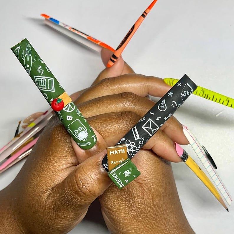 Back to School Press on Nails, School Supplies Nails, Pencil Ruler ...