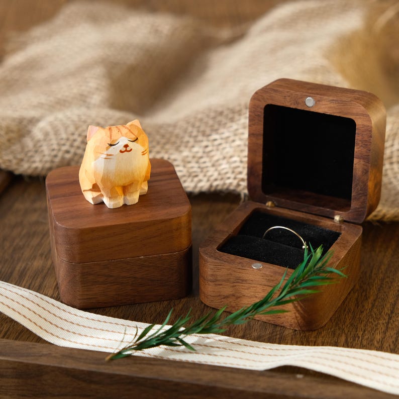 Handmade Wooden Cat & Bear Ring Box, Rustic Wedding Proposal - Etsy
