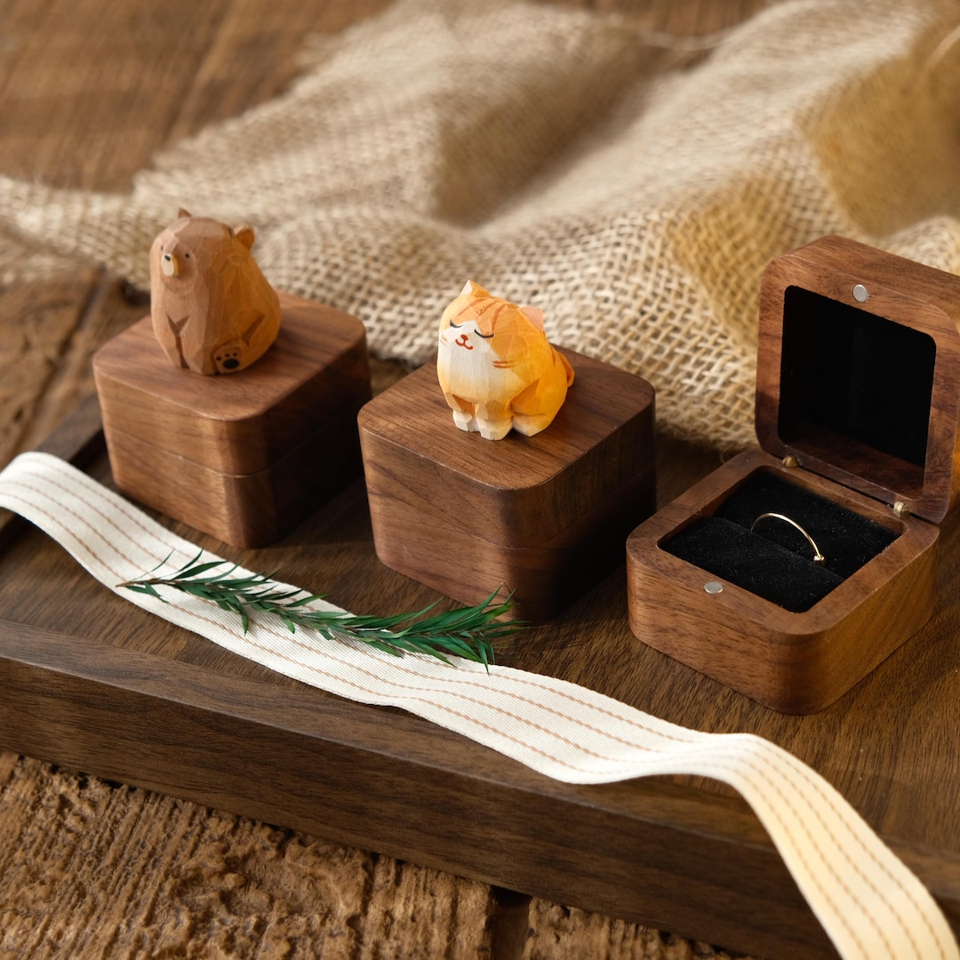 Handmade Wooden Cat & Bear Ring Box, Rustic Wedding Proposal - Etsy