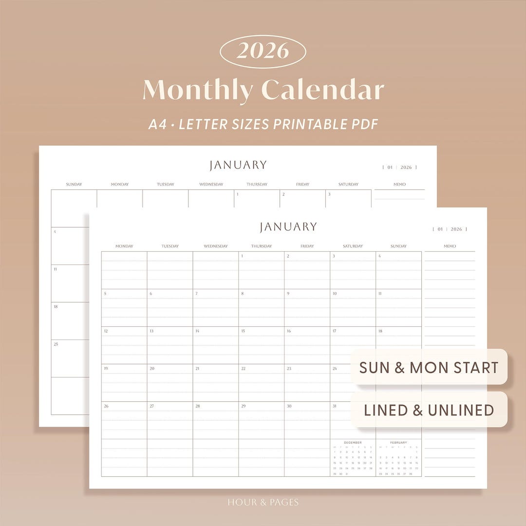 2026 Monthly Calendar Printable Planner Landscape Monday and Sunday ...