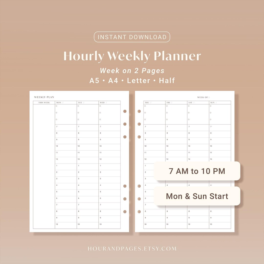 Hourly Weekly Planner Printable | Schedule, Week on 2 Pages, ADHD | A5 ...