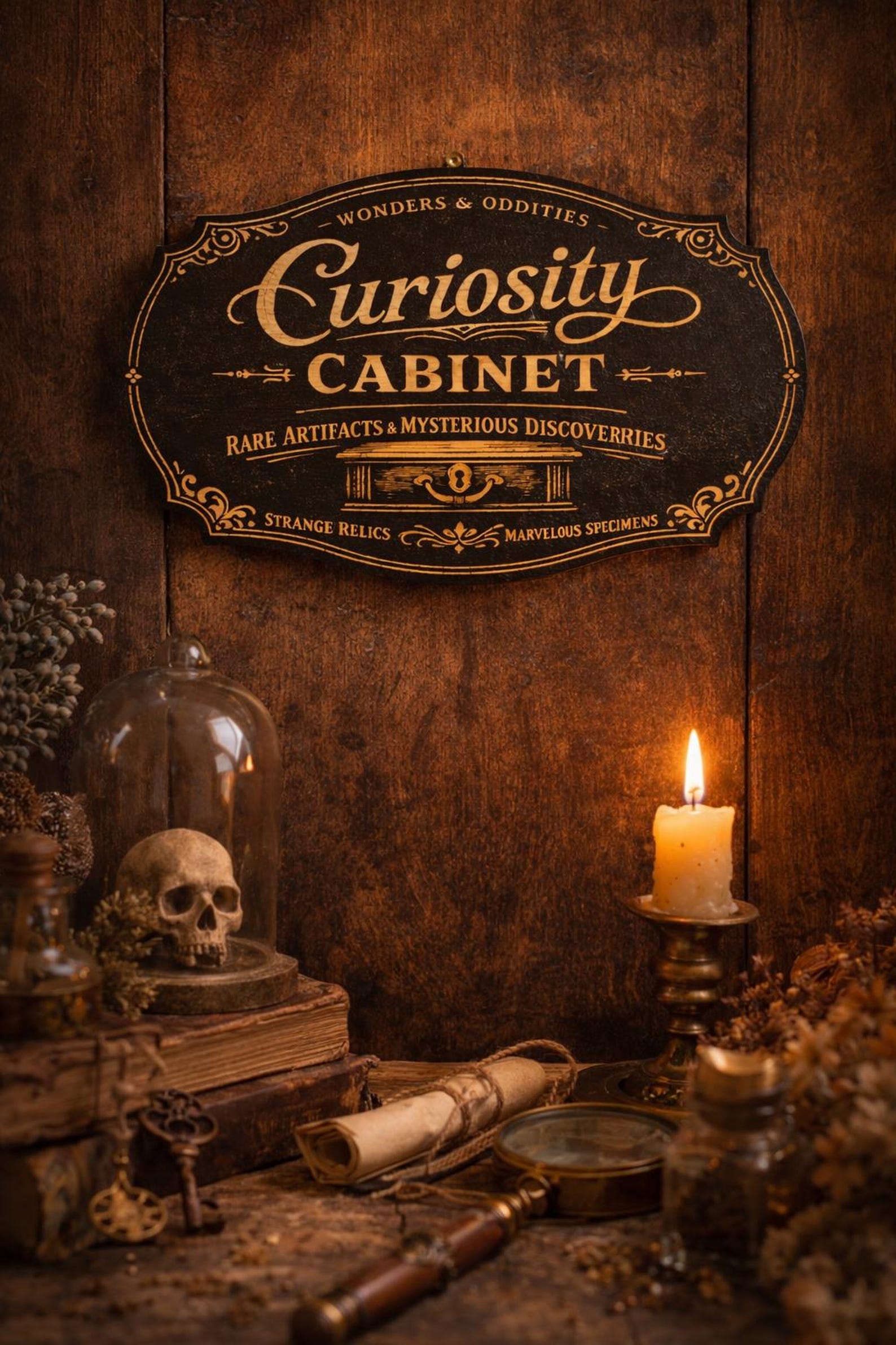 Curiosity Cabinet Wooden Sign - Engraved Gothic Wall Decor - Vintage ...