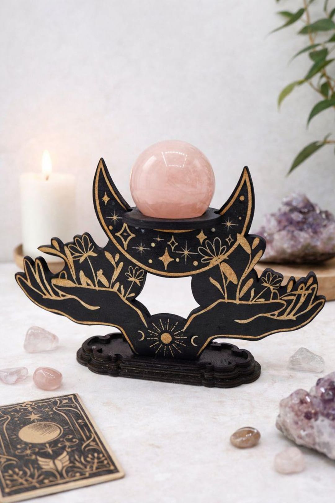 Wooden Crystal Ball Stand – Moon & Sacred Hands Engraved – Sphere ...