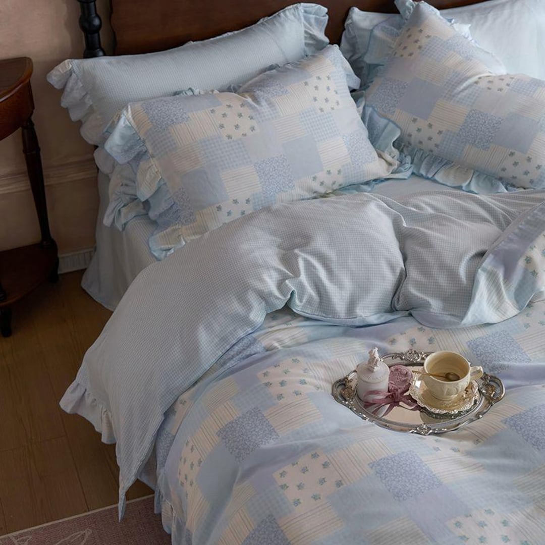 Blue Patchwork Cottagecore Bedding Set Ruffle Duvet Cover Vintage ...