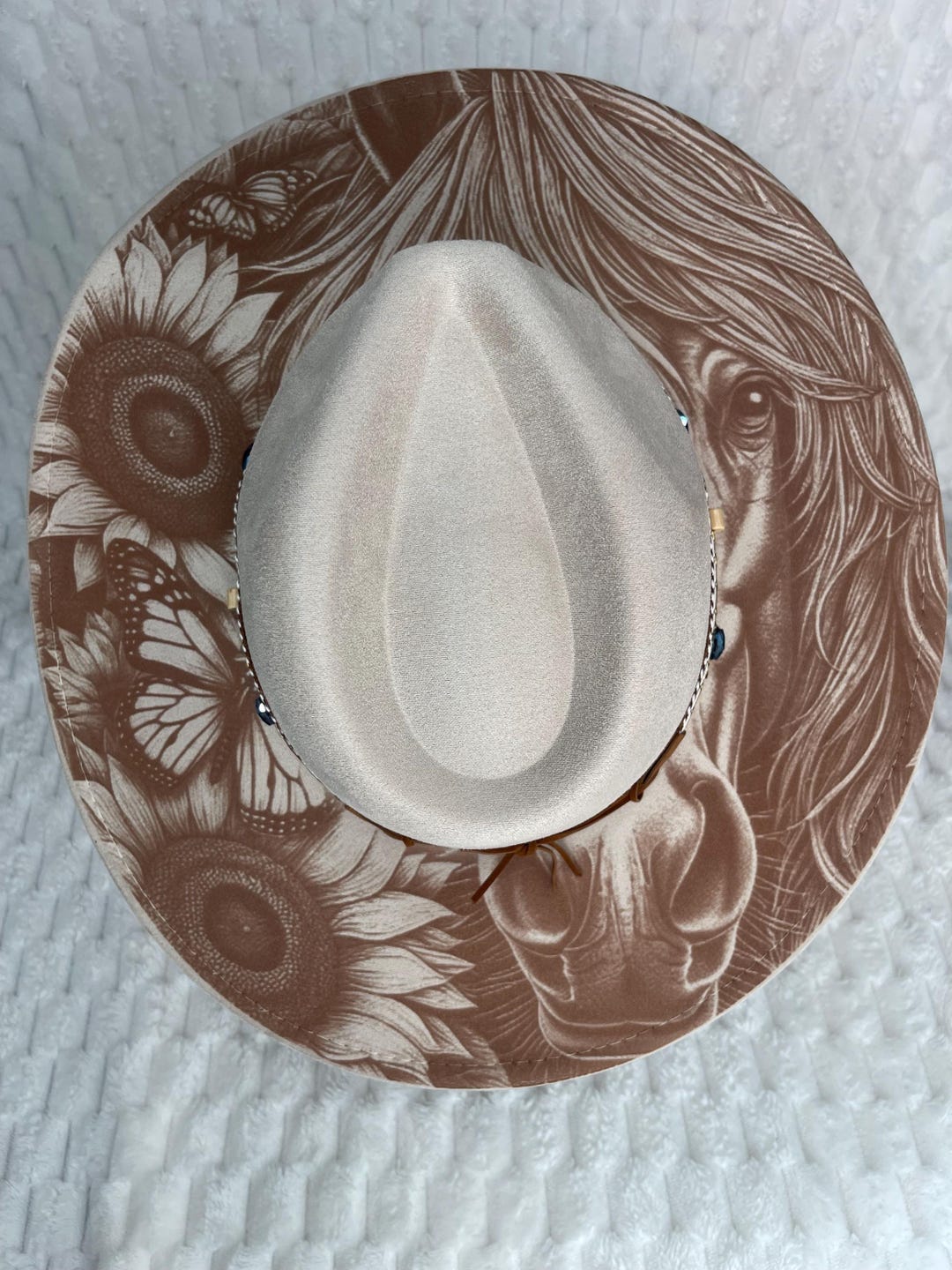 Engraved Vegan Suede Wide Brim Fedora Hat, House and Sunflower Design ...