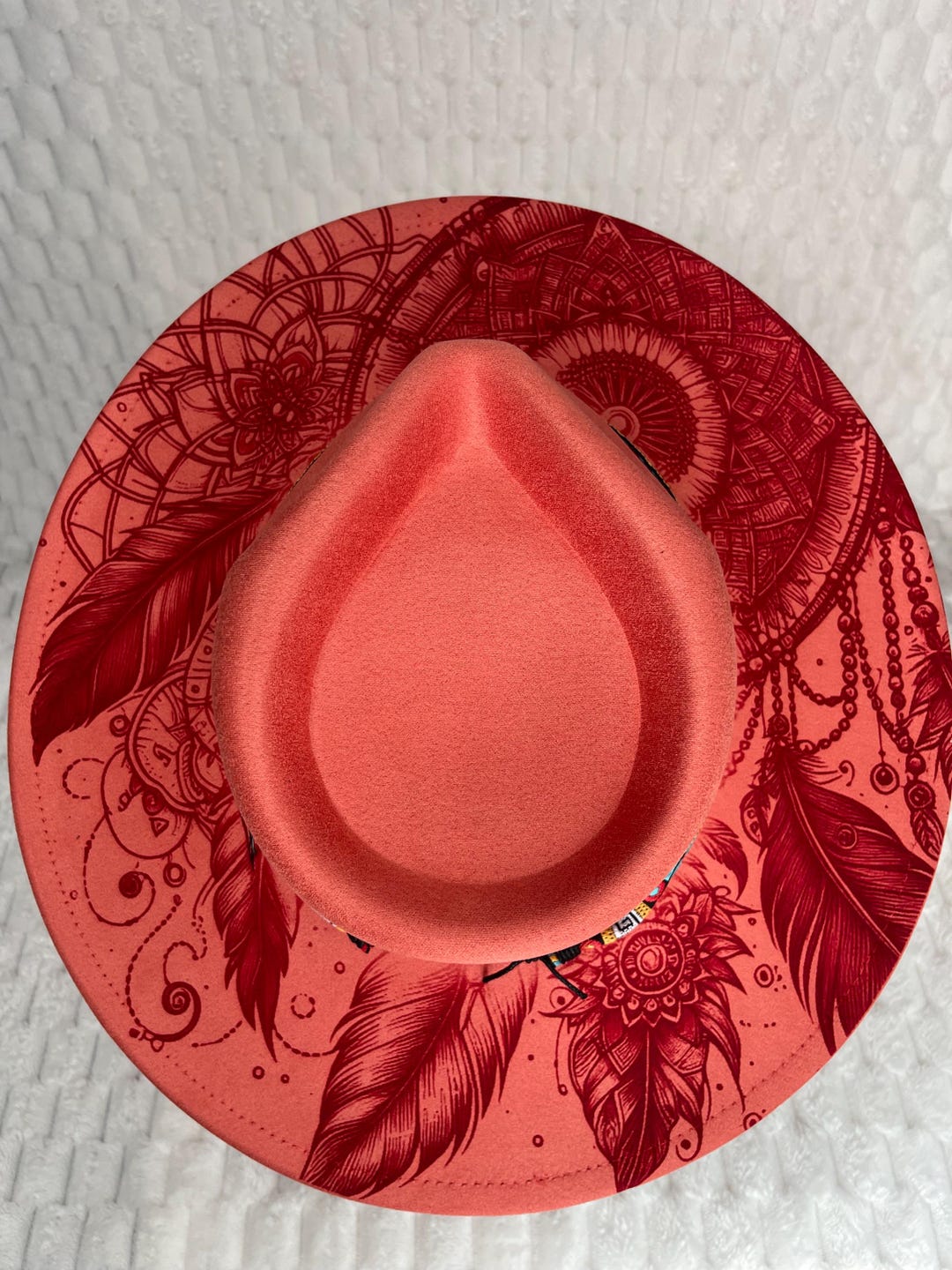 Coral Vegan Suede Fedora Wide Brim Hat • Engraved Mandala & Feather ...