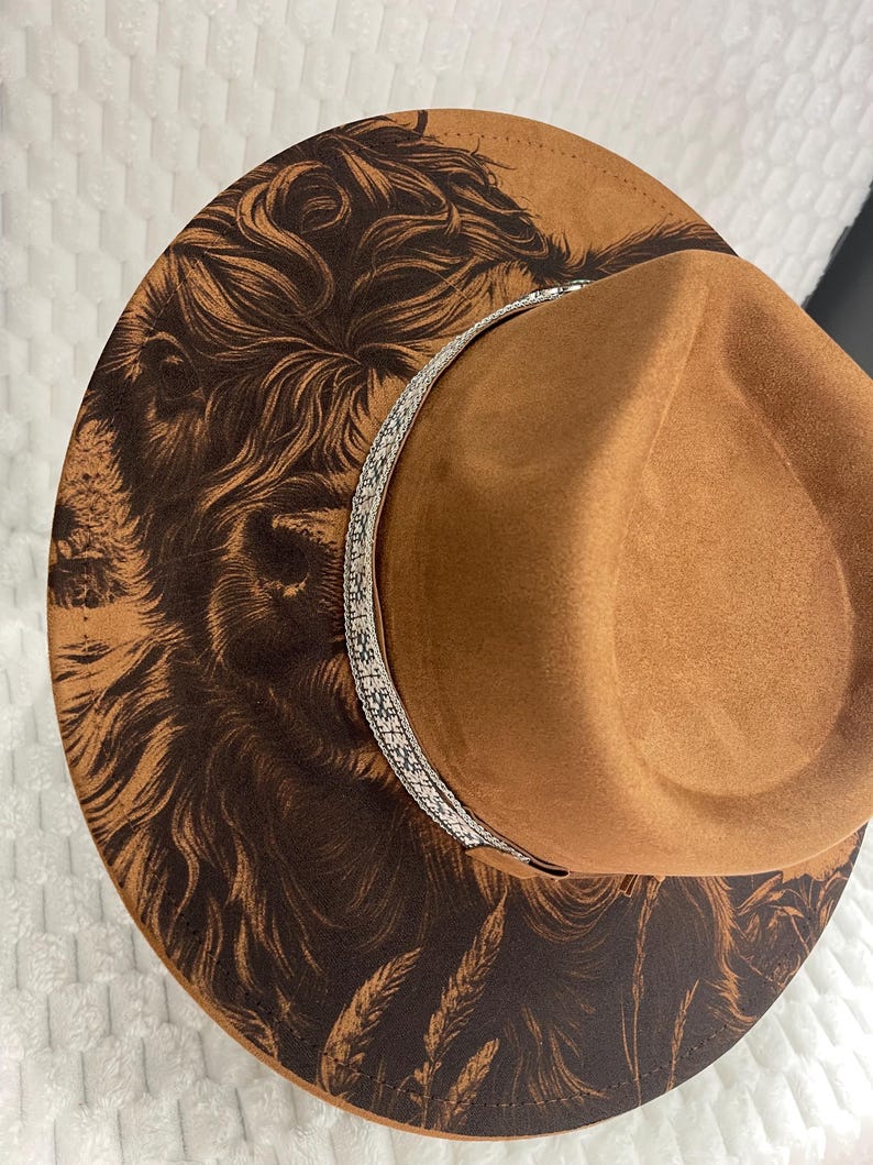 Laser-engraved Highland Cow and Sunflower Fedora: Vegan Suede Wide Brim ...