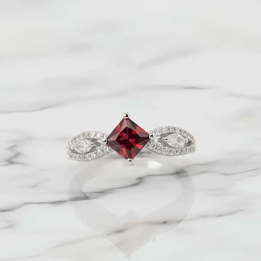 Garnet Pave Twist Ring, Square Cut Silver, Promise Ring, January ...