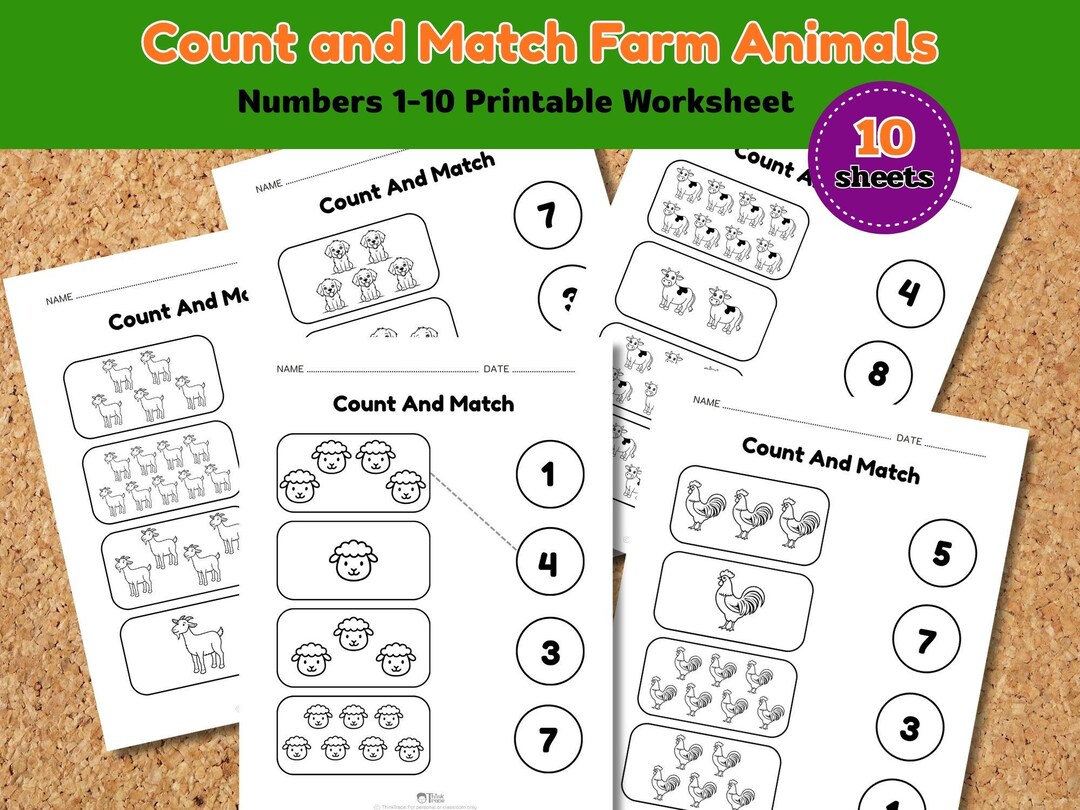 Count and Match Farm Animals 1–10 Printable Worksheets | Preschool ...